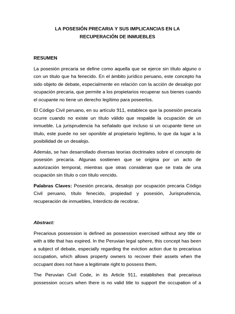 Implicancias de la Posesión Precaria | PDF | Posesión (Ley) | Caso de ley