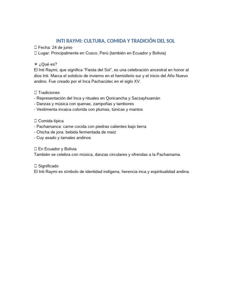 Inti Raymi Cultura Comida Tradicion | PDF