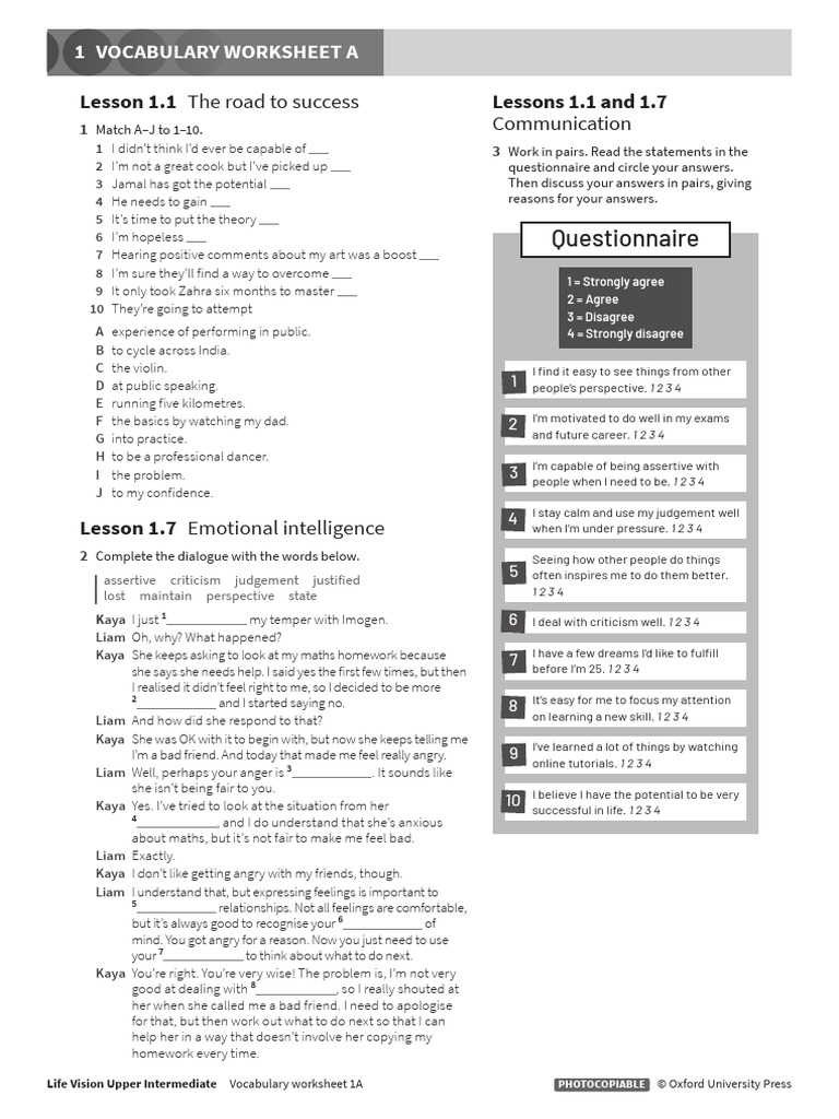 Vocabulary Exercise Senior 6 Unit 1 | PDF | Behavioural Sciences | Psychology