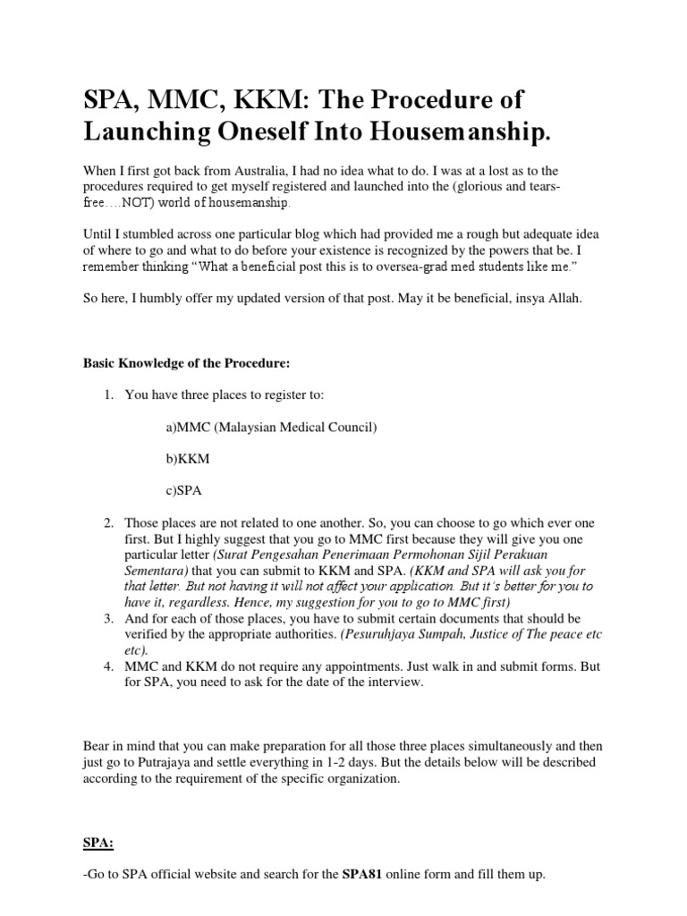 SPA, MMC, KKM: The Procedure of Launching Oneself Into Housemanship | PDF
