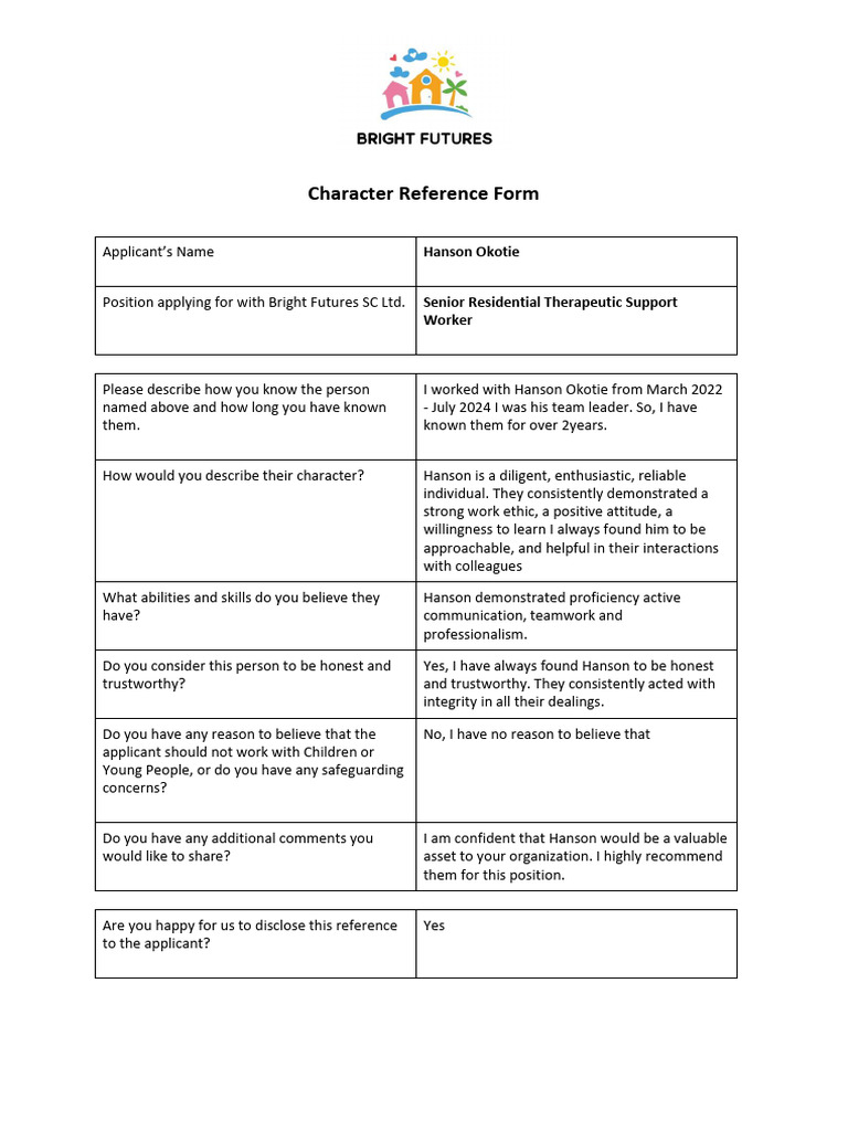Character Reference Form - Hanson Okotie | PDF