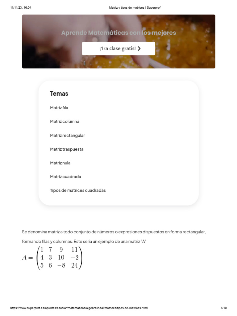 Matriz y Tipos de Matrices - Superprof | PDF | Matriz (Matemáticas) | Análisis funcional