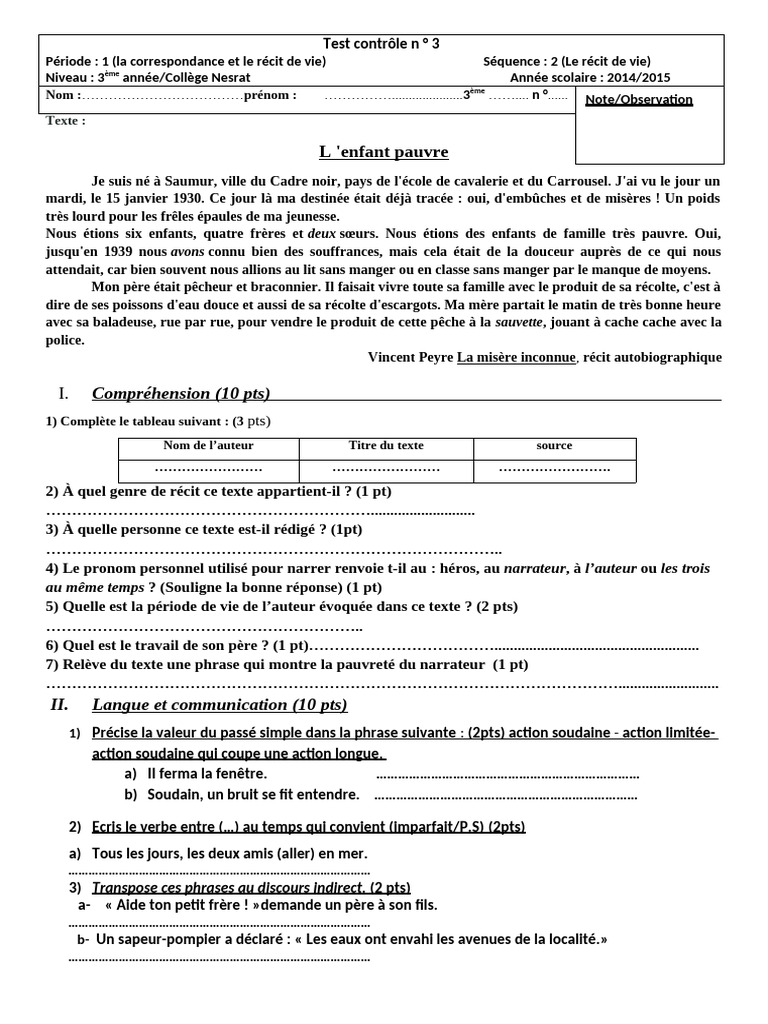 Test Controle N 2 3asc 2015 Janvier Le Recit Autobiographique Nesrat ...
