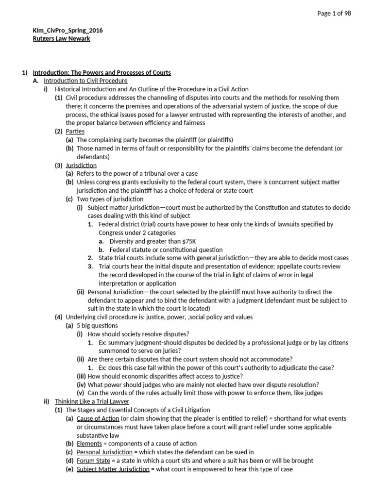 Civil Procedure Law School OUtline (RU Law Newark) | PDF | Legal Remedy ...