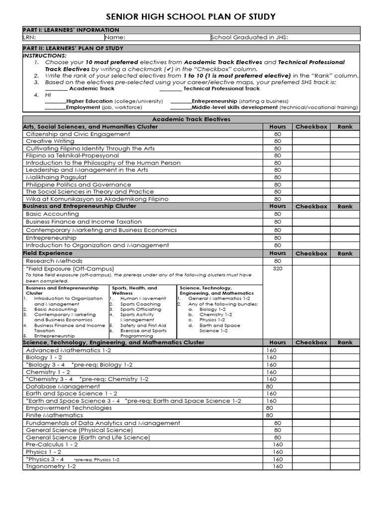PRINTABLE TEMPLATE SHS Plan of Study | PDF | Science