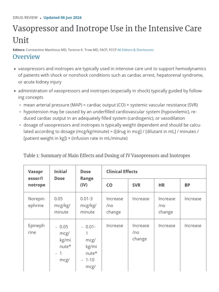 Vasopressor and Inotrope Use in The Intensive Care Unit - DynaMed | PDF | Shock (Circulatory ...