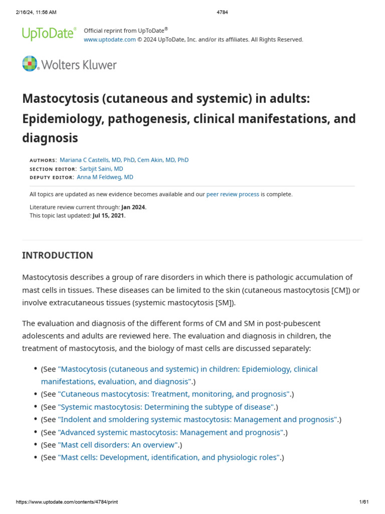 Mastocytosis (Cutaneous and Systemic) in Adults: Epidemiology, Pathogenesis, Clinical ...