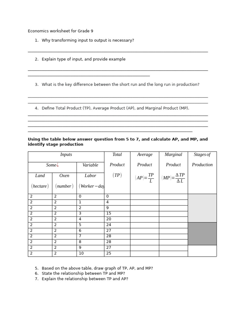 Grade 9 Economics Worksheet on Production | PDF