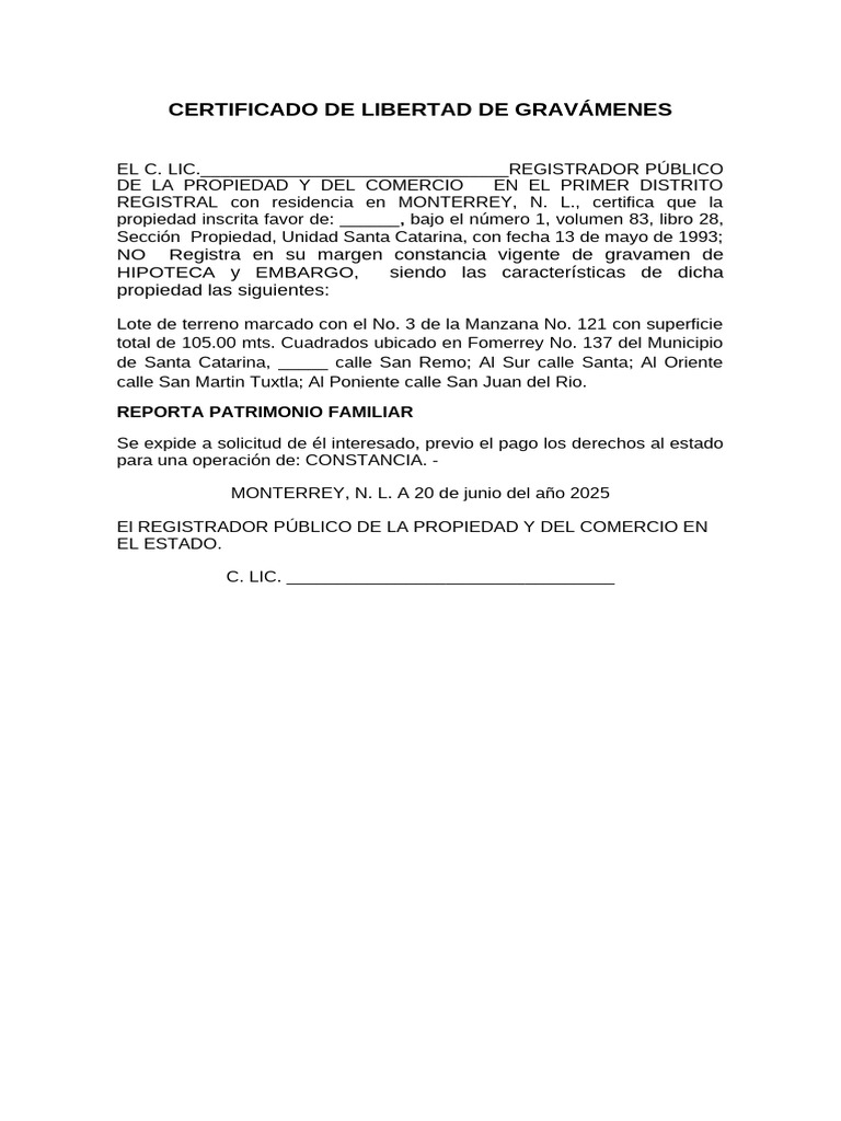 Certificado De Libertad De Gravámene Pdf