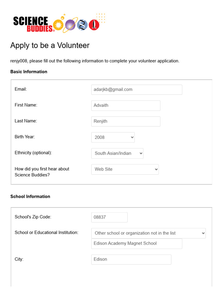 Advaith Renjith's Volunteer Application | PDF | Science