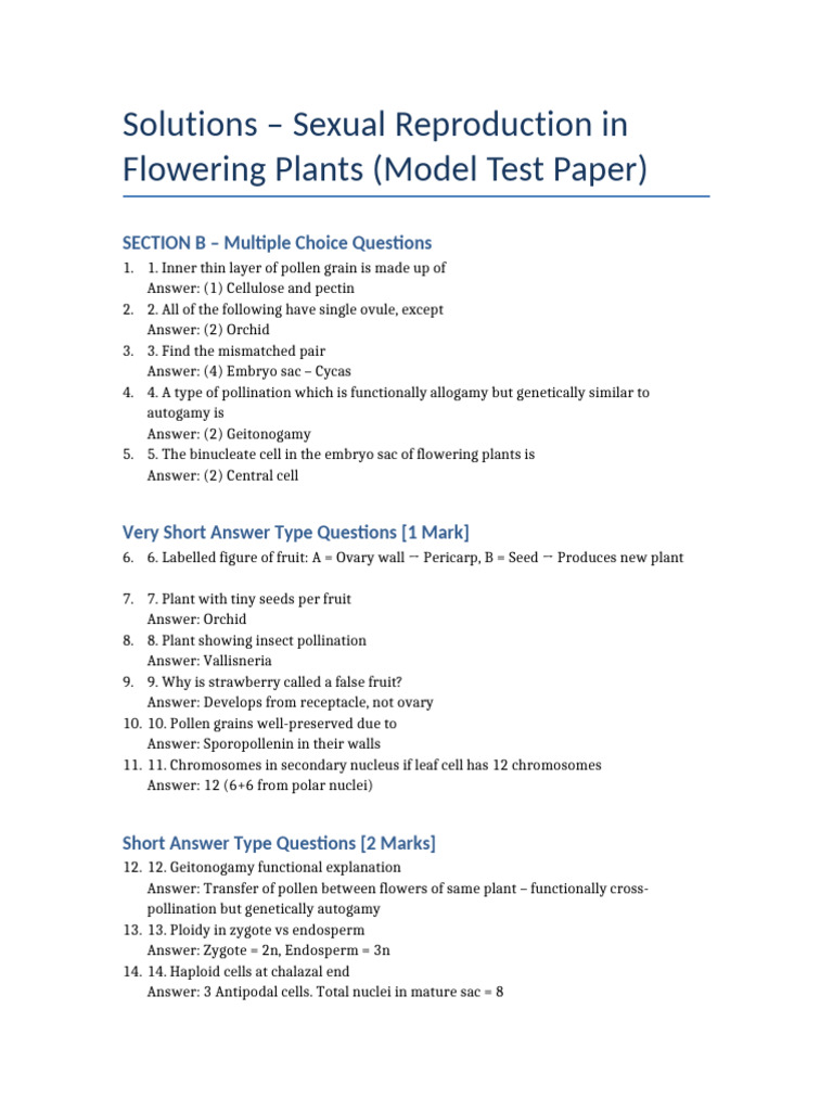 Sexual Reproduction Model Test Solutions | PDF | Flowers | Seed