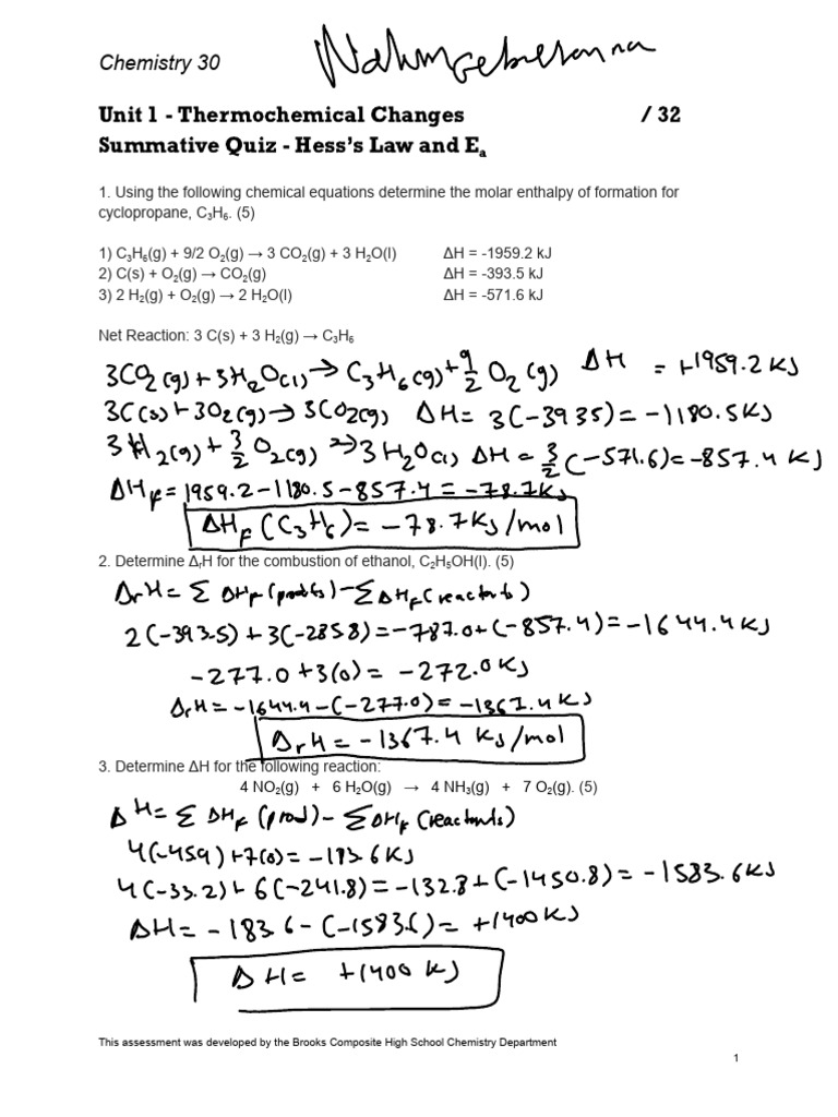 Unit 1 - Hess's Law Quiz (Chp_ 10 + 11)_pdf | PDF