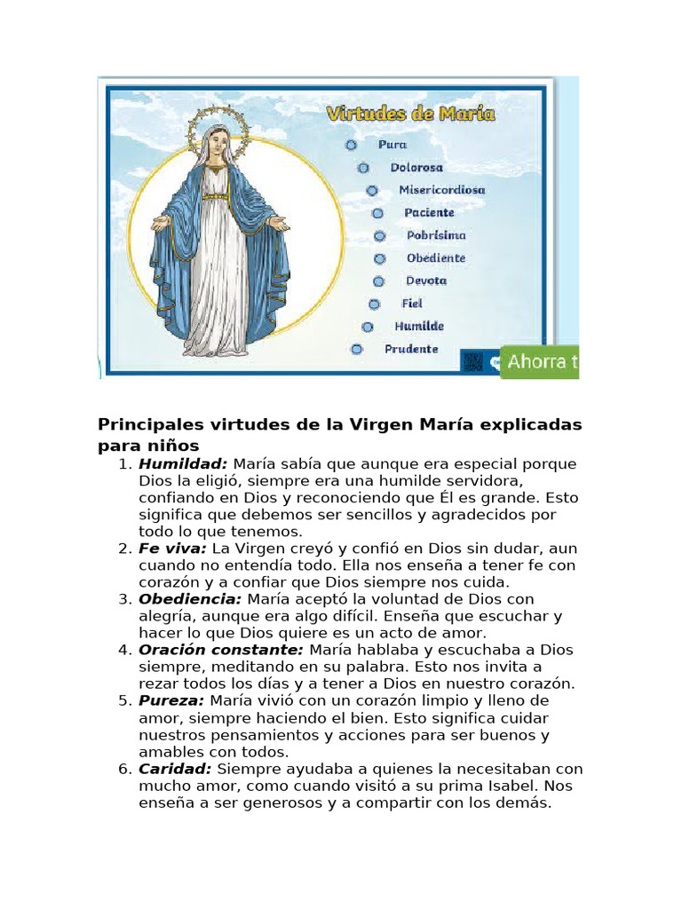 Principales Virtudes de La Virgen María Explicadas para Niños | PDF