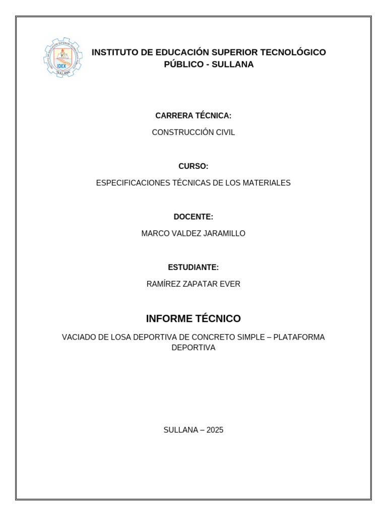Informe_Losa_Deportiva_Ever_Ramirez_1 | PDF | Hormigón