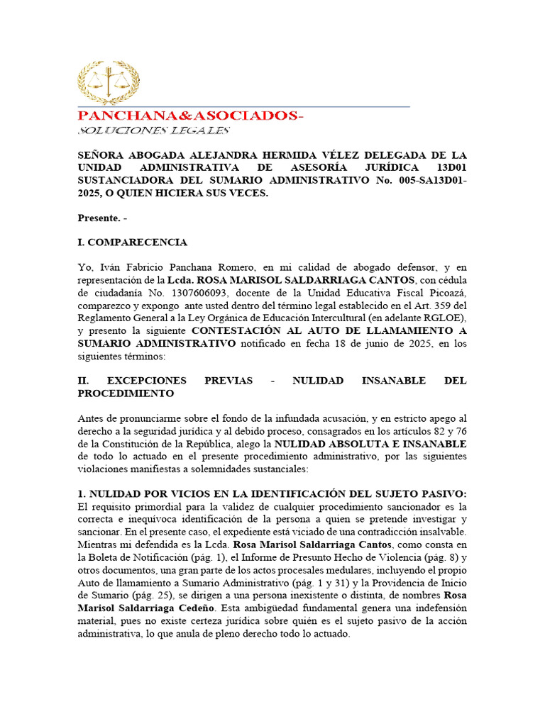 Escrito de Defensa Proceso Sumario Administrativo N 005-Sa13d03-2025 Fecha 19-06-2025 | PDF ...