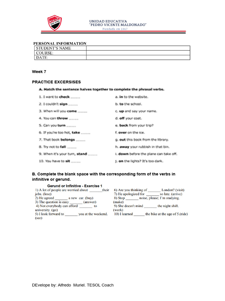 Week 7 - Reading Comprehension Activity Infinitive, Gerunds and ...