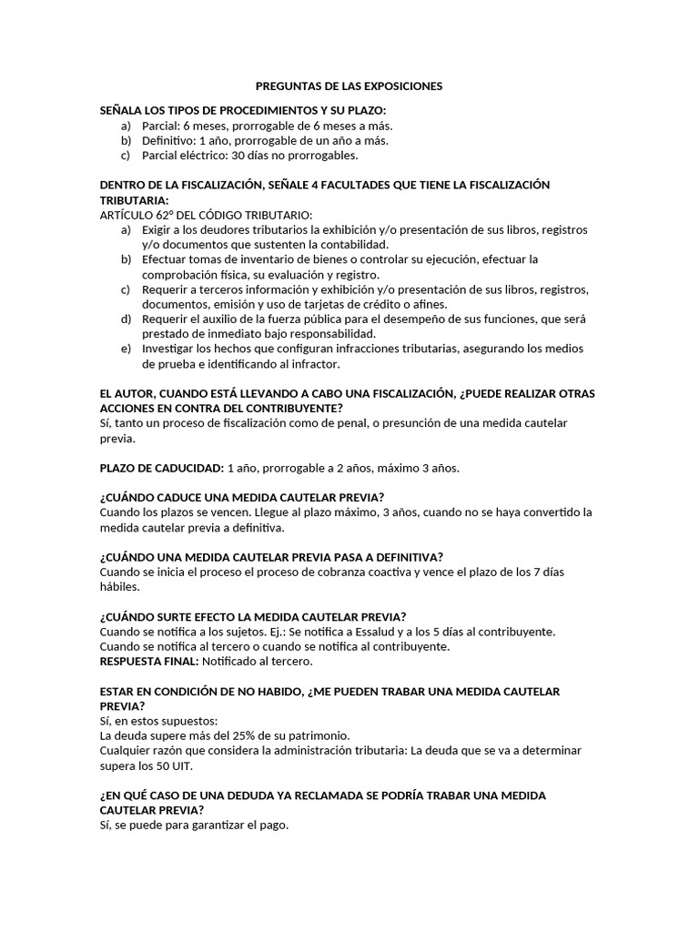 Preguntas de Las Exposiciones Tributario | PDF | Mandato | Estatuto de limitaciones