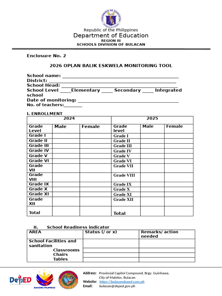 Oplan Balik Eskwela Monitoring Tool Updated | PDF