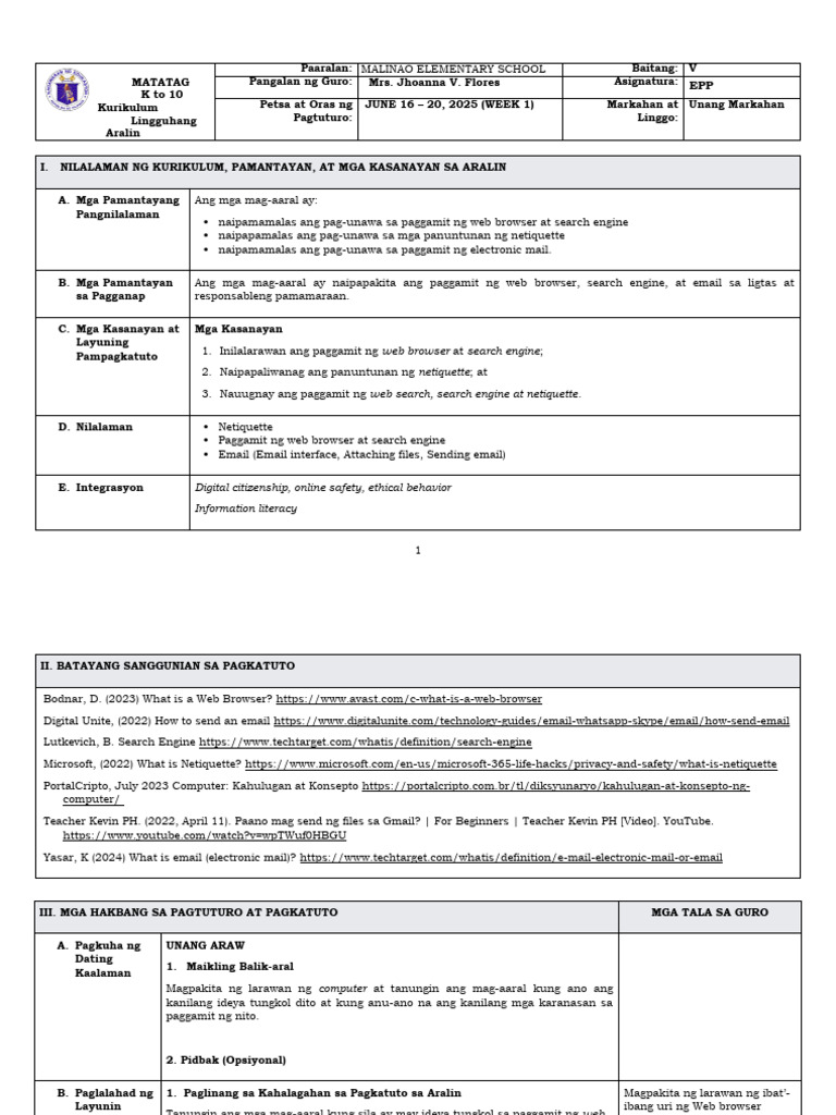 Epp 5 DLL Matatag - q1 - w1 | PDF
