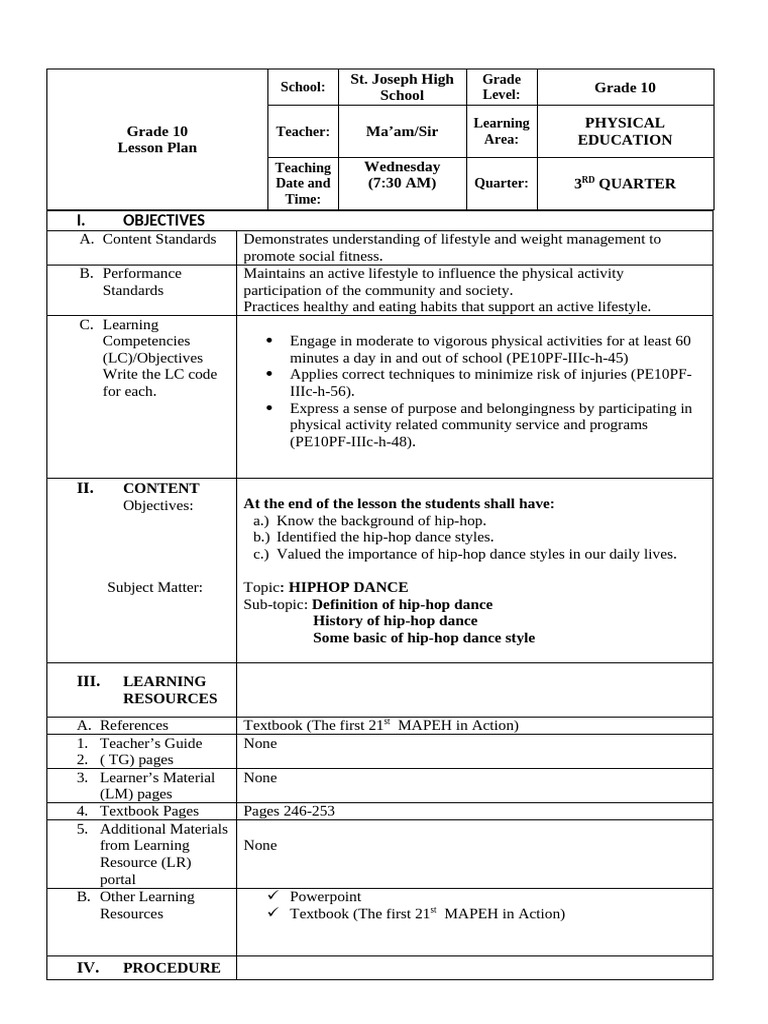 Grade 10 Hip-Hop Dance Lesson Plan | PDF | Hip Hop Music | Dances