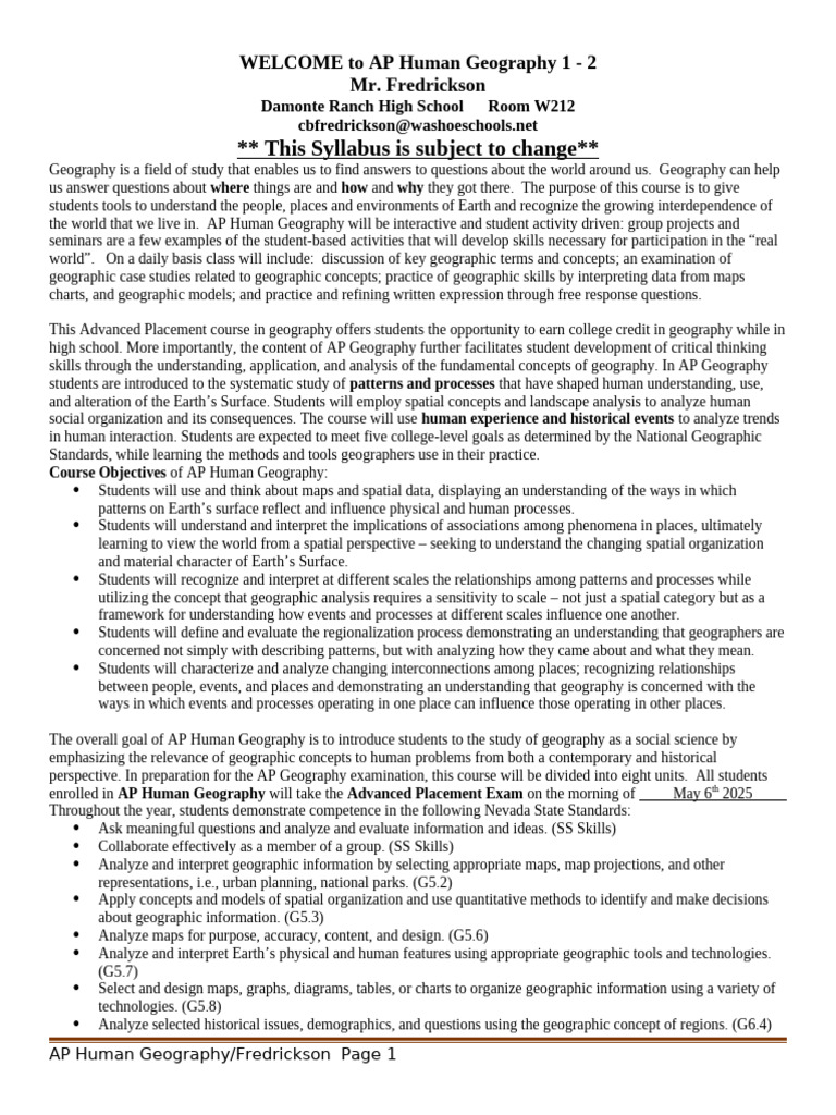 Aphg Syllabus 24-25 Fredrickson | PDF | Geography | Map