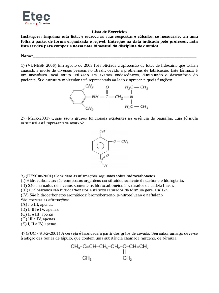 Lista de Exercícios 3ELE 3DI | PDF | Aldeído | Etanol