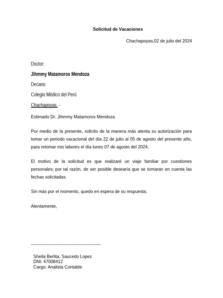FORMATO. Carta de Solicitud de Vacaciones | PDF