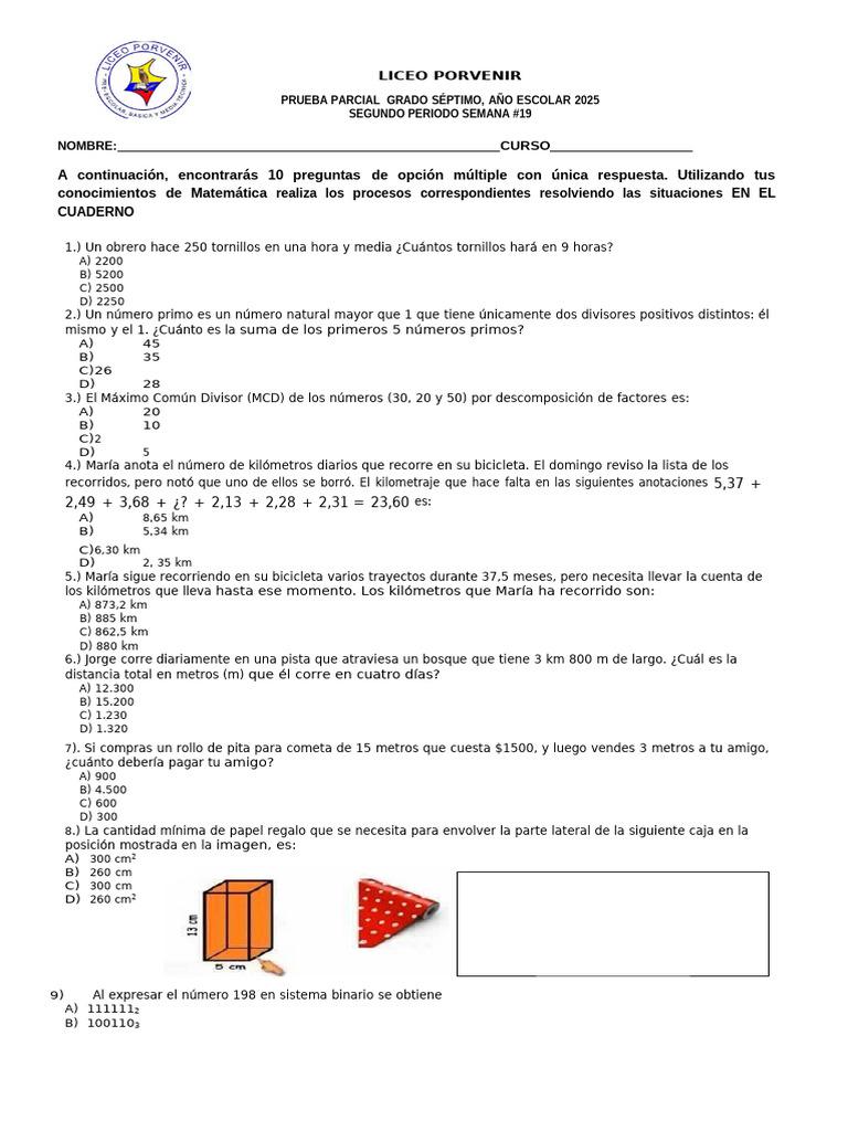 Mate Fenm 07 19 Eval Parcial | PDF | Matemáticas | Matemática Elemental