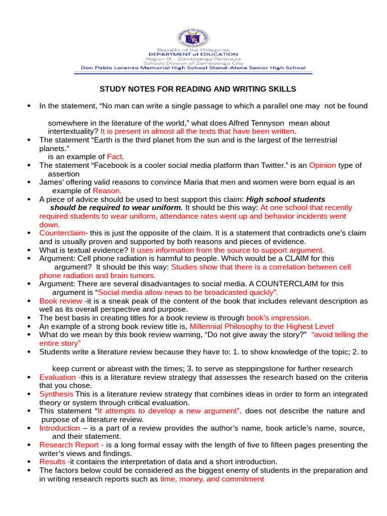 Reading and Writing Skills Study Notes | PDF | Argument | Books