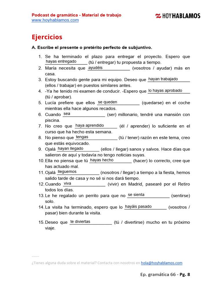 Presente vs. Preterito Perfecto de Subjuntivo - Tarea | PDF