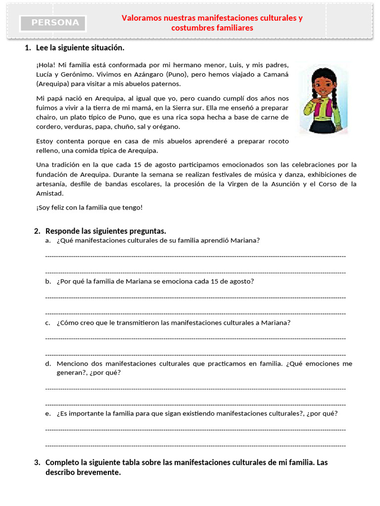D1 A2 FICHA PS. Valoramos Nuestras Manifestaciones Culturales y Costumbres Familiares | PDF ...