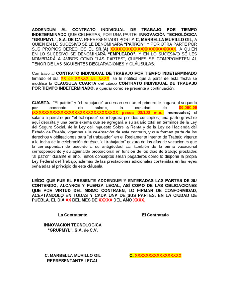 Modelo Addendum (Modificatorio de Contrato Laboral) | PDF