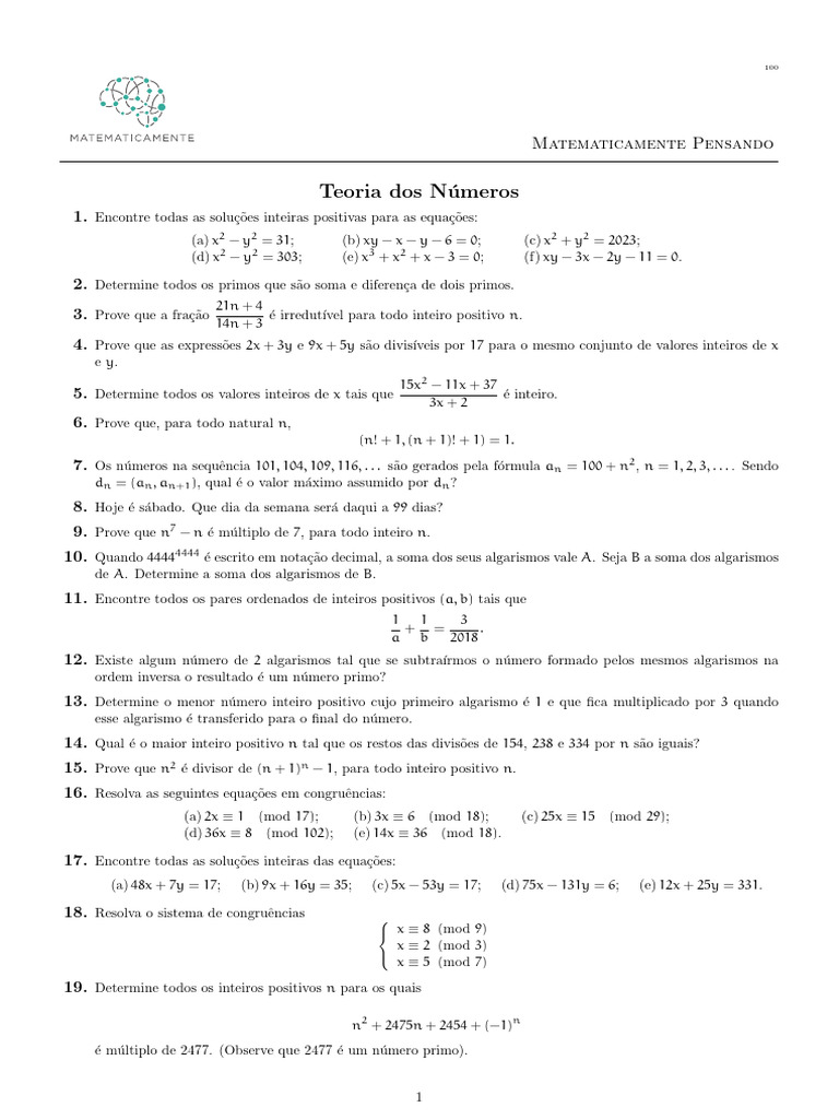 Matemáticamente Pensando Lista 1 | PDF | Número inteiro | Número primo