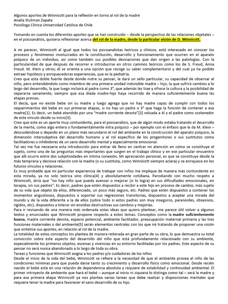 Winnicott Conceptos Centrales. Ficha de Catedra | PDF | Psicoanálisis | Experiencia