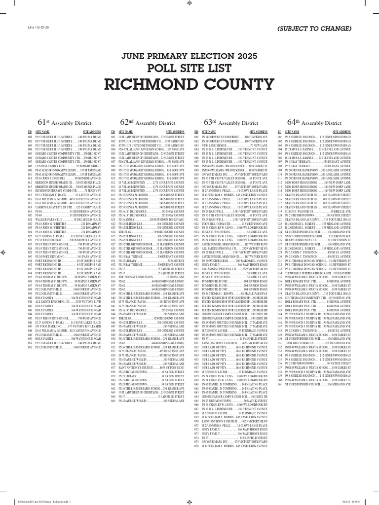Election Day NYC Primary Voting Locations - Richmond County | PDF