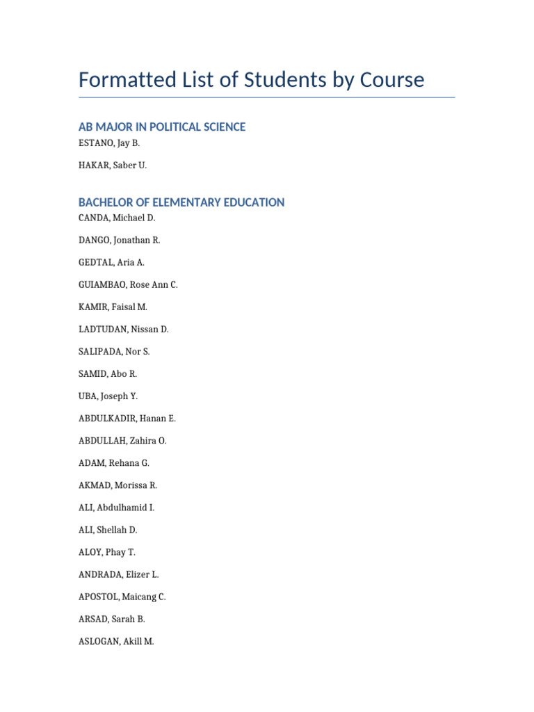 Student Course Enrollment List | PDF