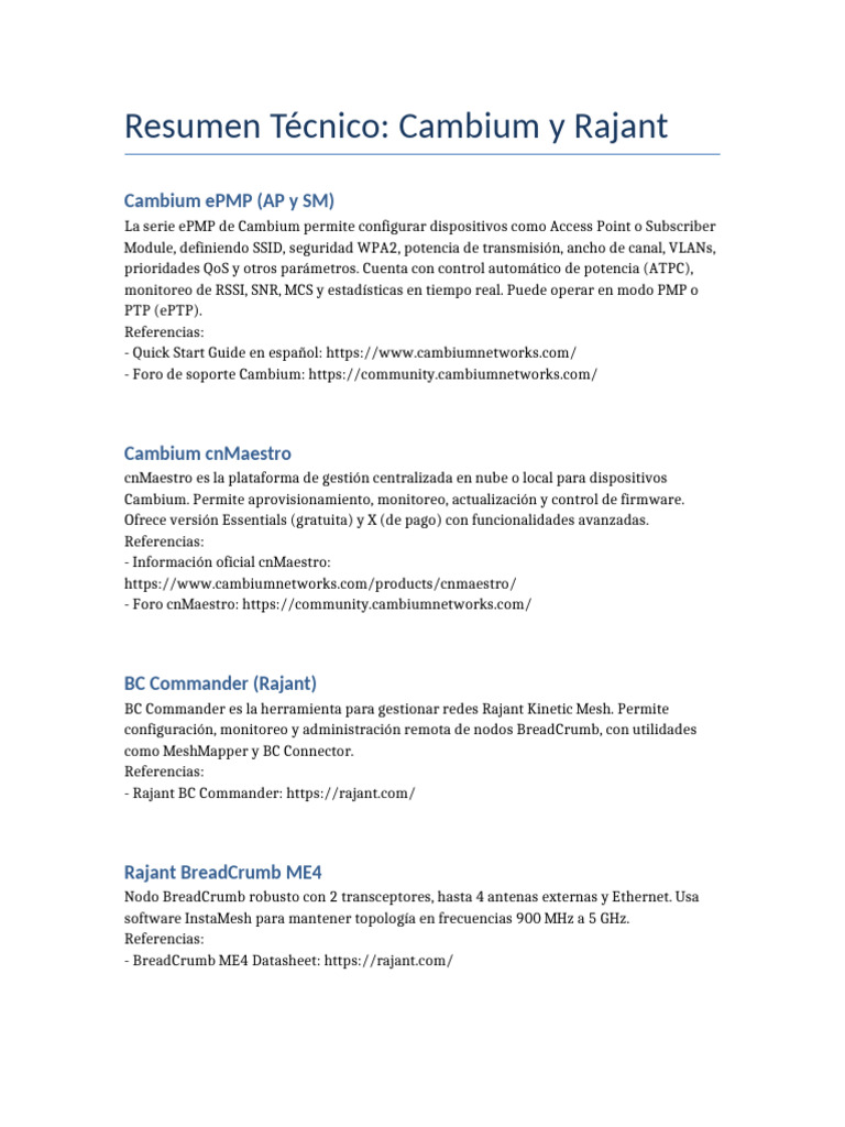 Resumen Tecnico Cambium y Rajant | PDF