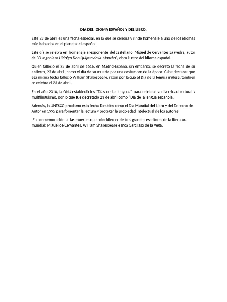 Dia Del Idioma Español y Del Libro | PDF