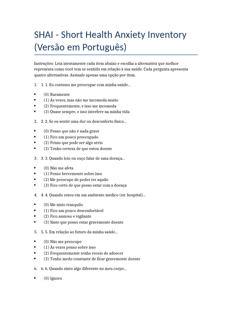 Inventário de Ansiedade em Saúde - SHAI | PDF | Doenças e distúrbios