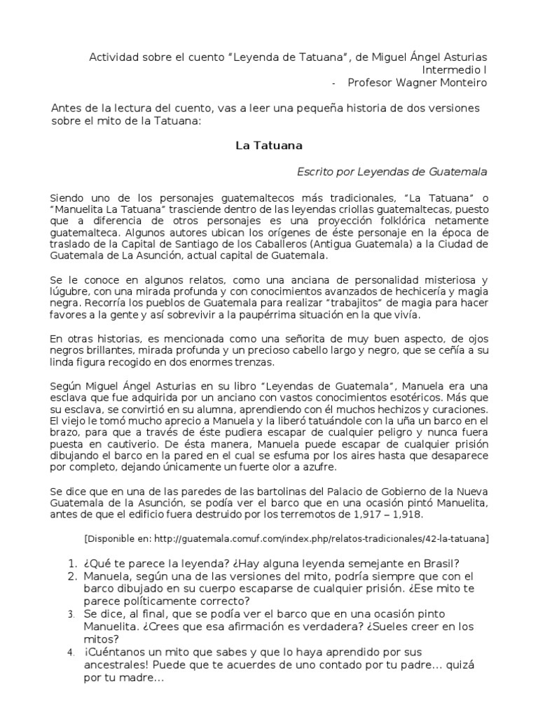 Actividad Sobre El Cuento Leyenda de Tatuana | PDF | Guatemala