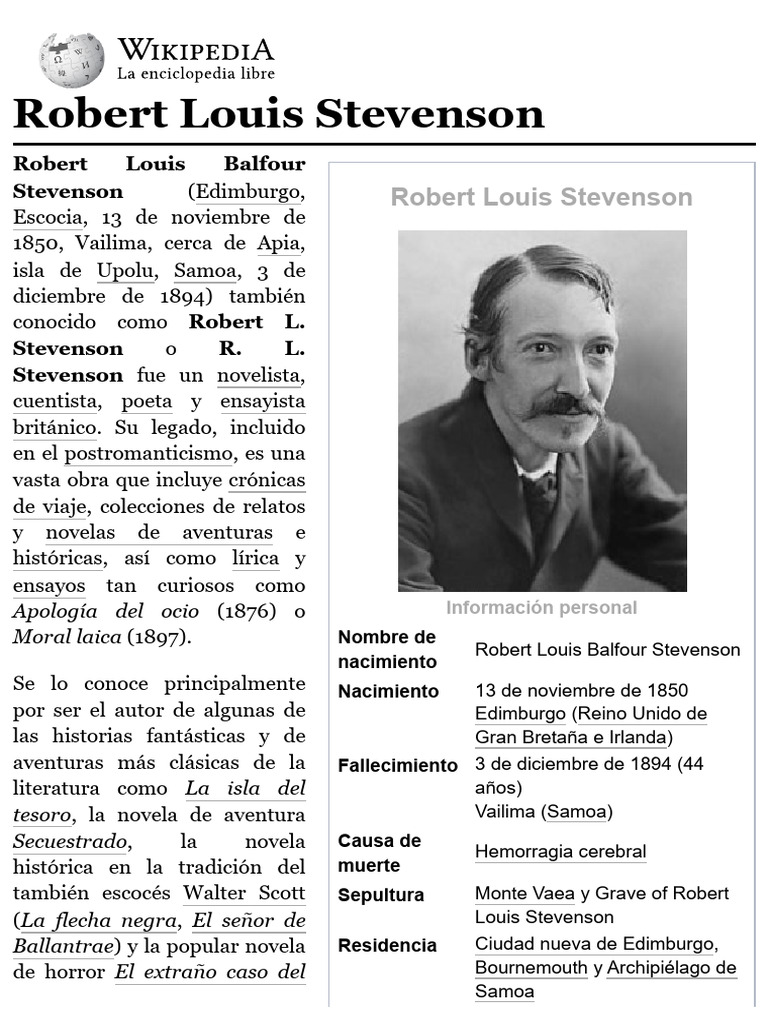 Robert Louis Stevenson - Wikipedia, La Enciclopedia Libre | PDF ...