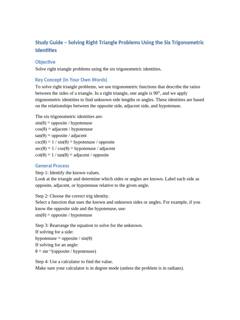 Right Triangle Trigonometry Study Guide | PDF | Trigonometric Functions ...