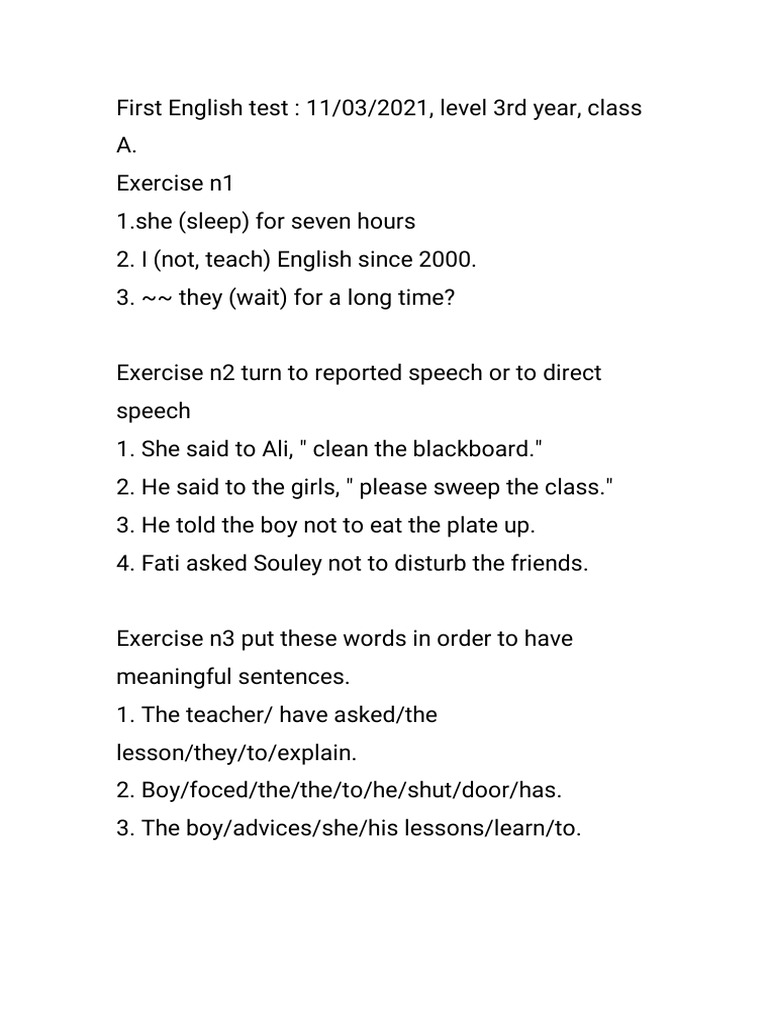First English Test - 3rd Year Class A, Class B 28-04-23 | PDF