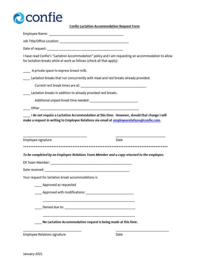 Confie Lactation Accommodation Form | PDF