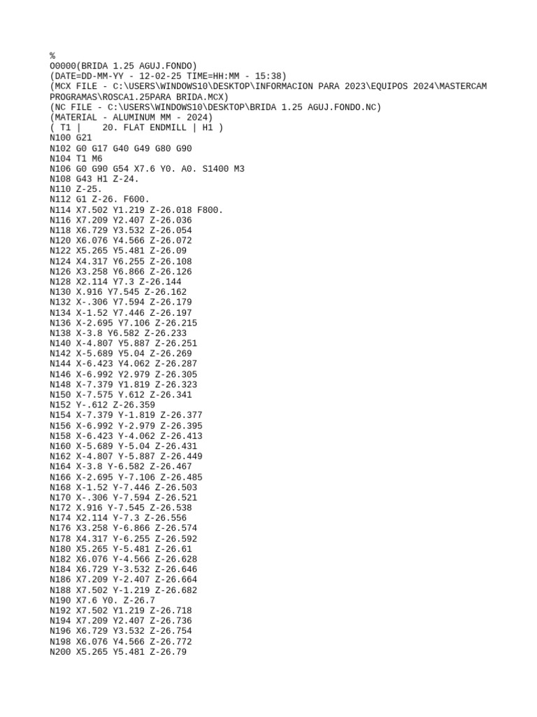 Programa CNC Brida 1.25 Agujero Fondo | PDF