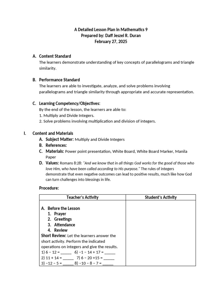A Detailed Lesson Plan in Mathematics 7-Integers | PDF | Multiplication | Integer