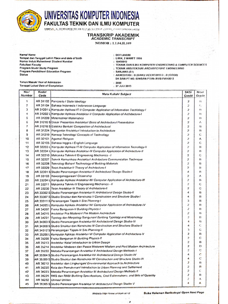 Transkrip Akademik - Defi Andri | PDF
