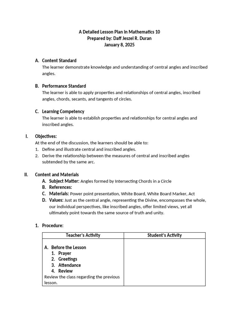 A Detailed Lesson Plan in Mathematics 10 (Chords) | PDF | Circle | Angle