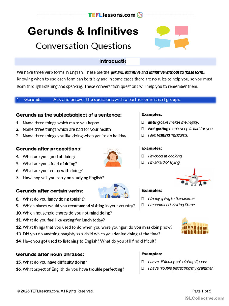 Gerunds & Infinitives: Conversation Prompts | PDF | English Language | Verb