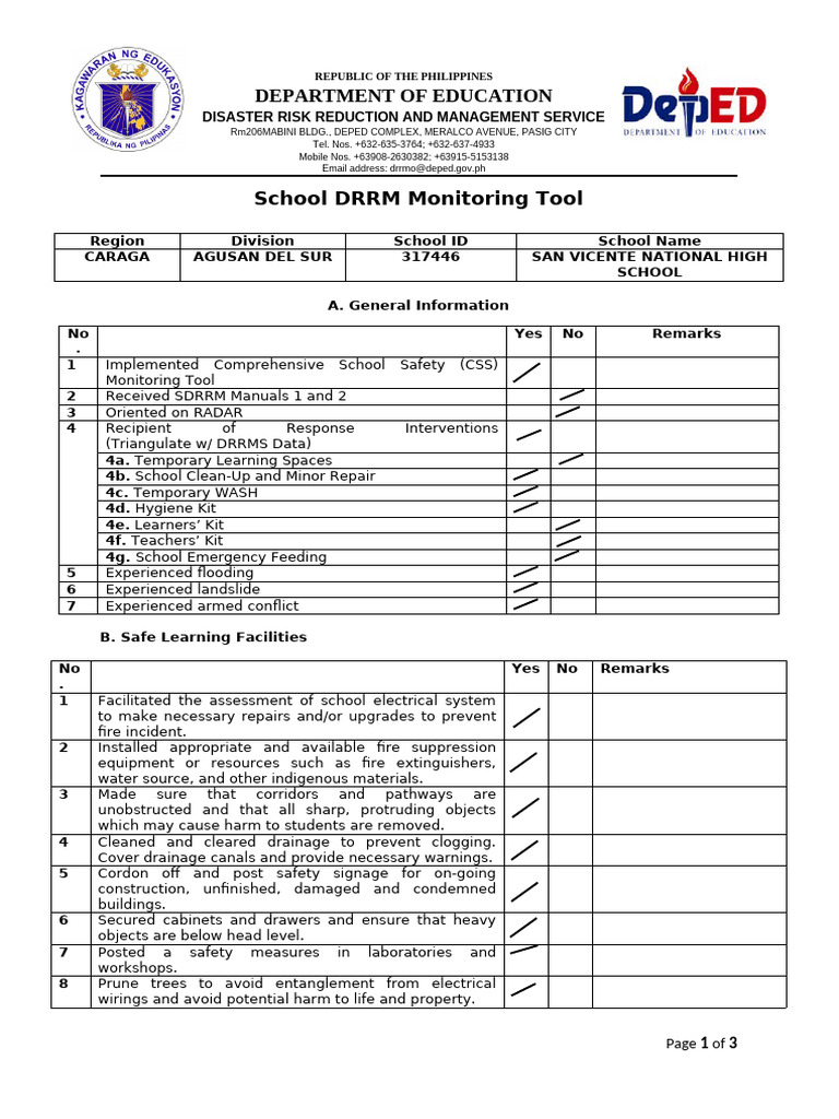 San Vicente NHS - School - DRRM Monitoring-Tool | PDF | Safety ...